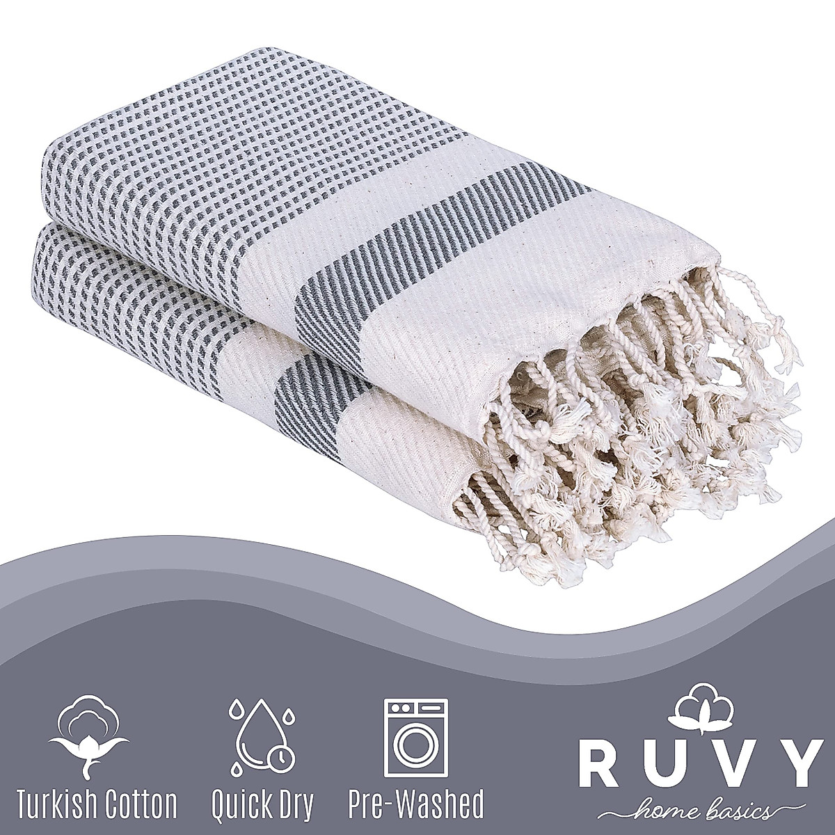 Ruvy Home Basics Turkish Hand Towels for Bathroom Set of 2 | 18"x40", Cotton | Bathroom Hand Towels & Decorative Hand Towels for Bathroom, Kitchen Towels, Dishcloth, Tea, Yoga, Face, Gym - Light Grey