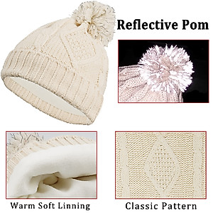 Winter Hat Gloves Scarf Set Women, Beanie with Pom Touchscreen Gloves Warm Knit Long Scarf 3 in 1 Set Gift for Women