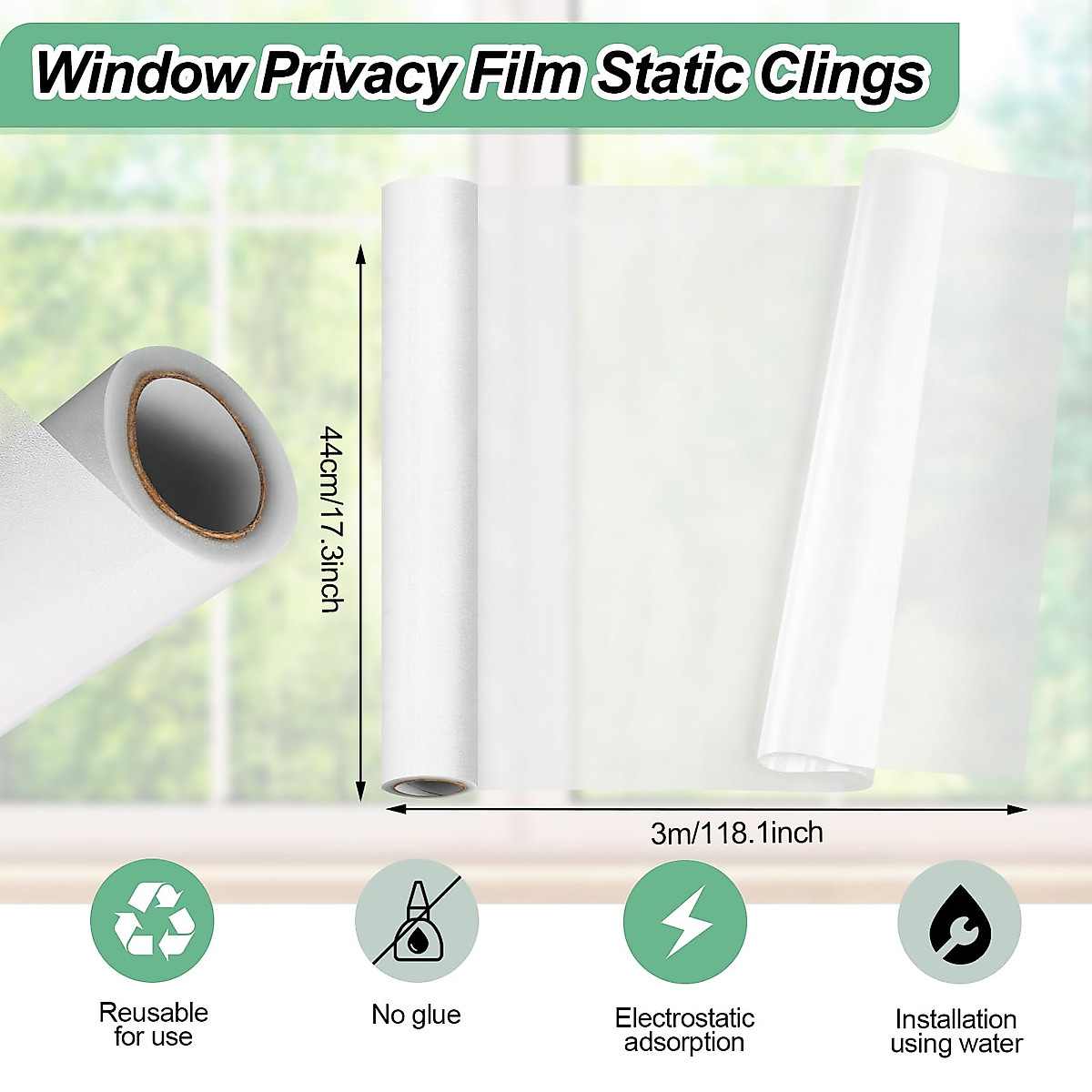 vivinin Frosted Glass Window Film,17.3x118.1 Inches Privacy Film Anti Uv, Frosted Window Privacy Film Non Adhesive, Window Film Privacy for Bathroom Home and Office