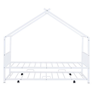 Guxeei Twin Size Metal House Bed, Modern Design Bed Frame with Trundle for Bedroom, Wood Slat Support, No Box Spring Needed, Easy Assembly (White)