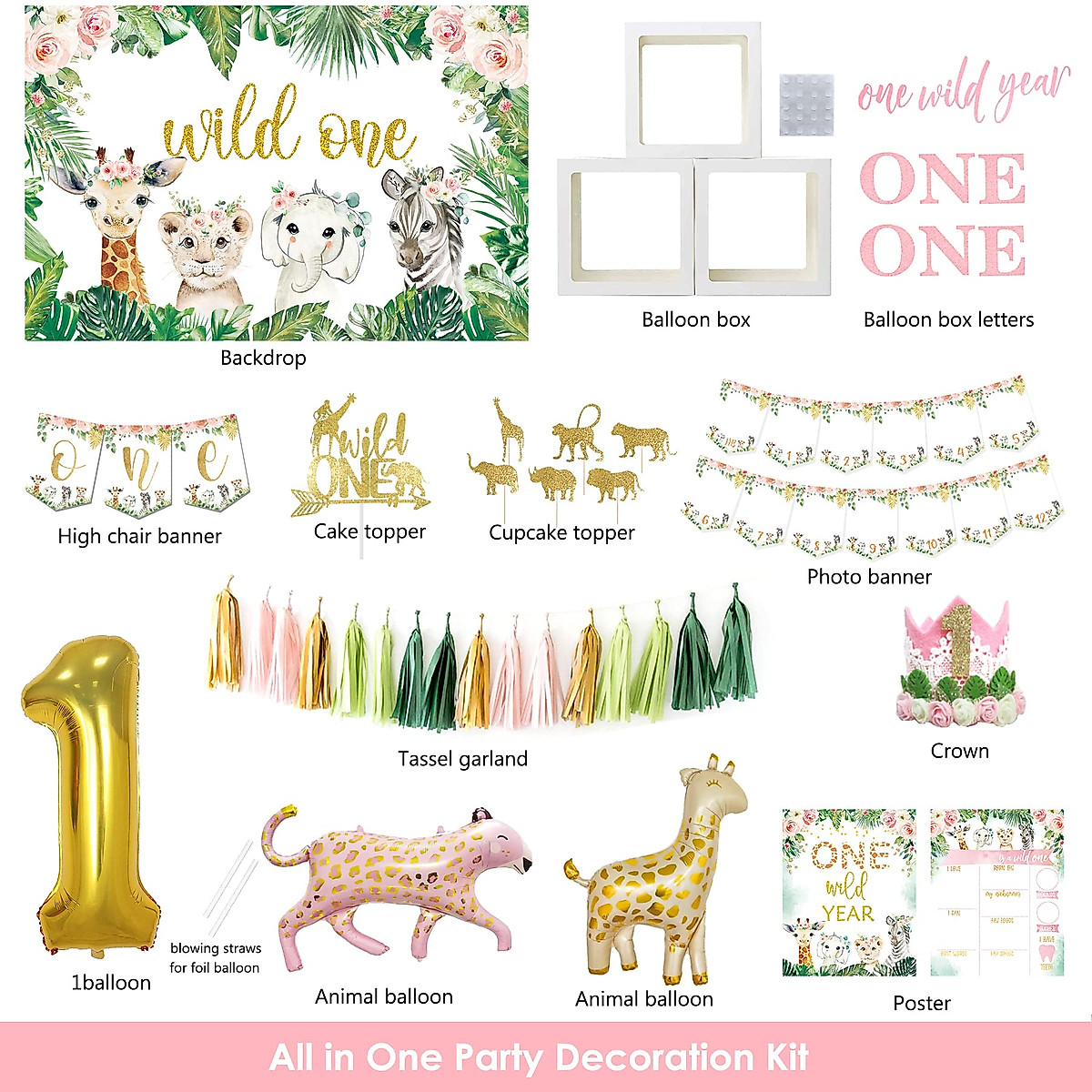 YSHMFEUX Wild one Birthday Party Decorations Supplies for Girl, 1st Birthday Girl Decorations, Jungle Safari Animal 1st Birthday Party Supplies, First Birthday Decorations for Girls