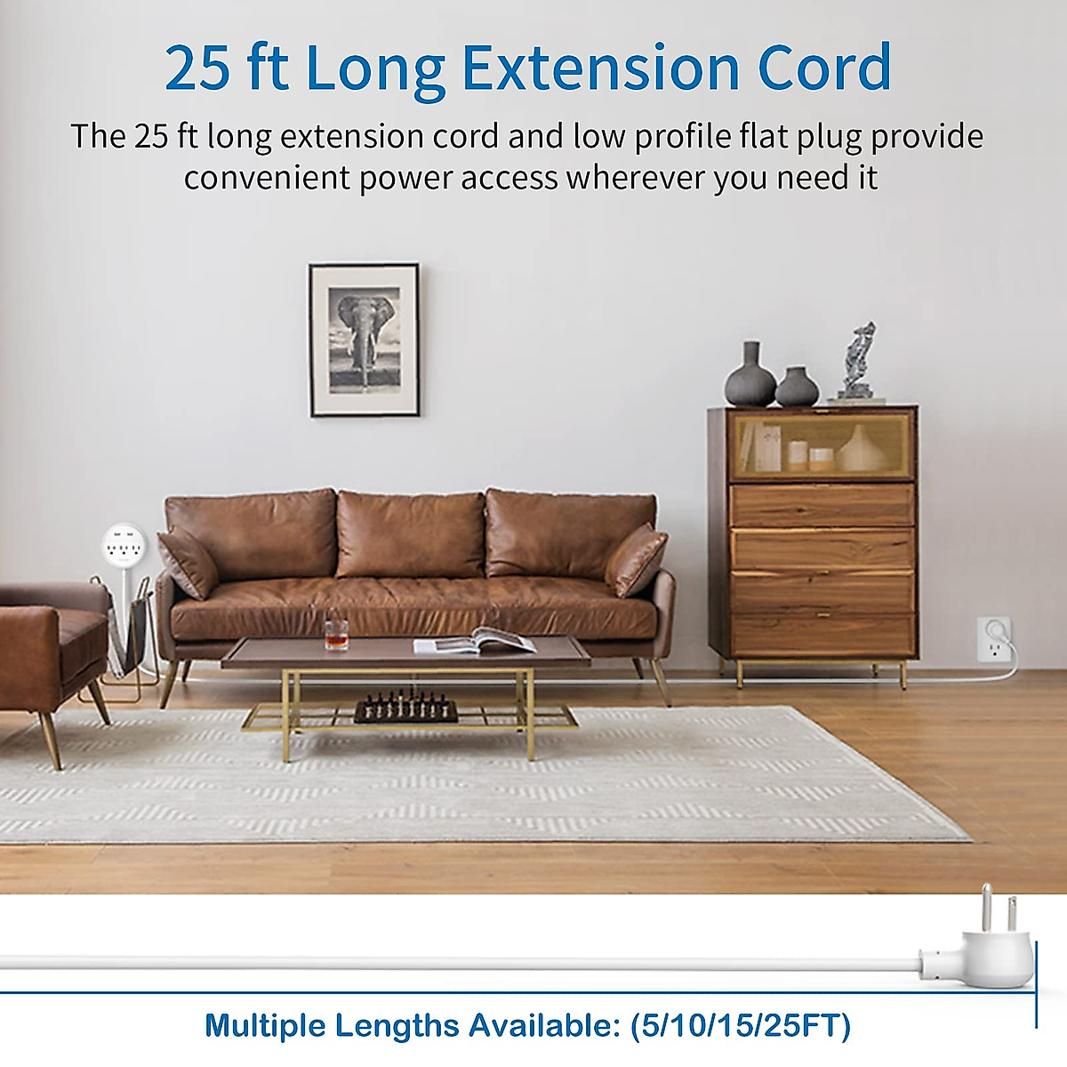 Extension Cord 25ft, NTONPOWER Power Strip with Long Extension Cord, 3 Outlet 2 USB Compact Desktop Charging Station Wall Mount for TV Living Room, Dorm, Office and Nightstand - White