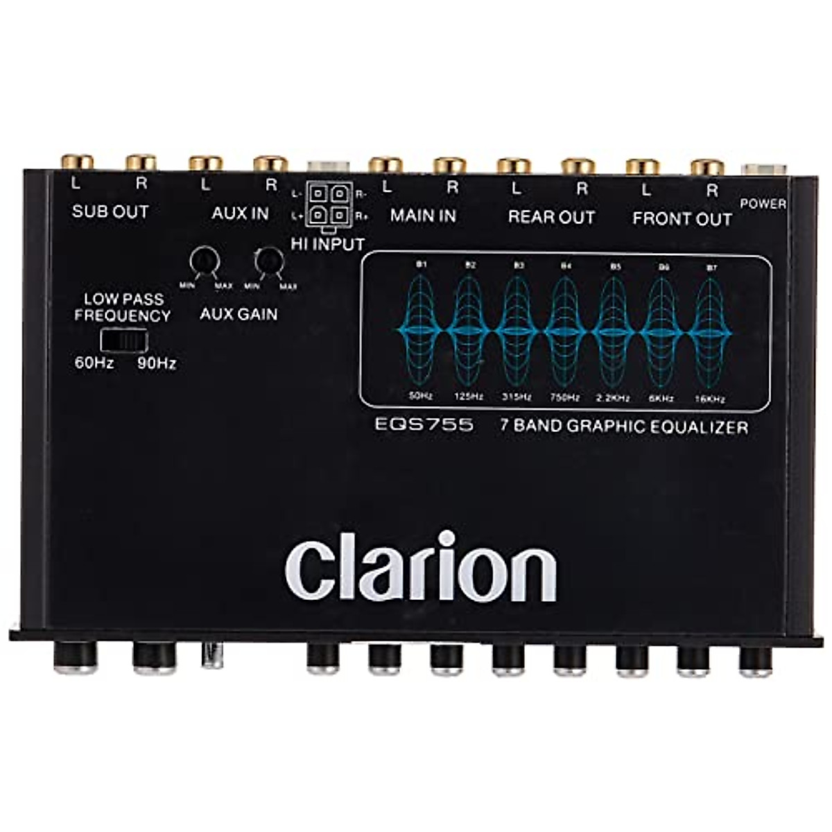 Clarion EQS755 7-Band Car Audio Graphic Equalizer with Front 3.5mm Auxiliary Input, Rear RCA Auxiliary Input and High Level Speaker Inputs, BLACK