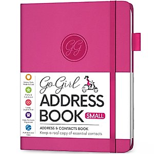 GoGirl Address Book – Telephone and Address Book with Alphabetic Tabs for Safely Storing Contacts, Small-Sized (4.0″ x 5.5″) PU Leather Hardcover – Hot Pink