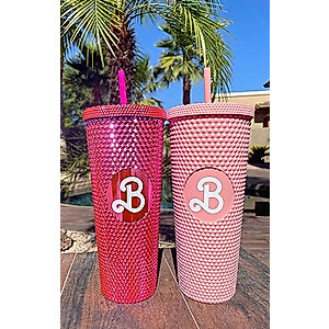 CAKEASY 2Pcs Barbi Studded Tumbler, Bling Bling Pink Barbi Cup, 24oz Barbi Land Water Bottle With Straw, Barbe The Movie Merch, Cupholder Friendly, Women Men Travel Mug for Home, Office, Outdoor