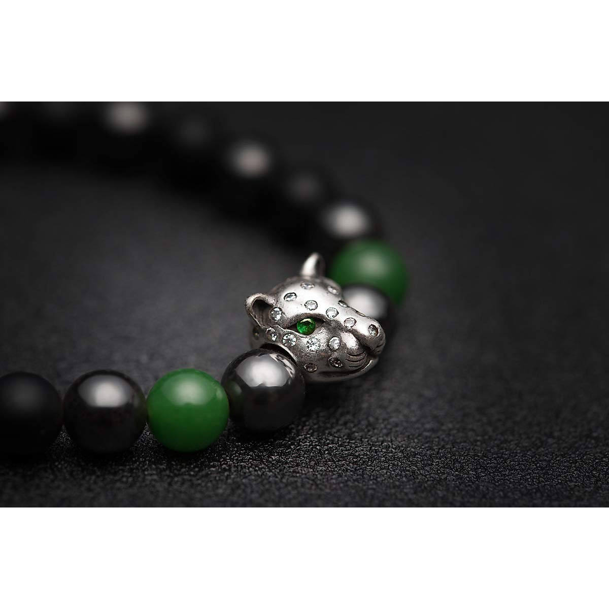 Karseer Antique Silver Panther Hematite and Matte Onyx Natural Stones Beaded Stretch Bracelet Meditation Prayer Stress Relief Energy Beads Bracelet for Men Women