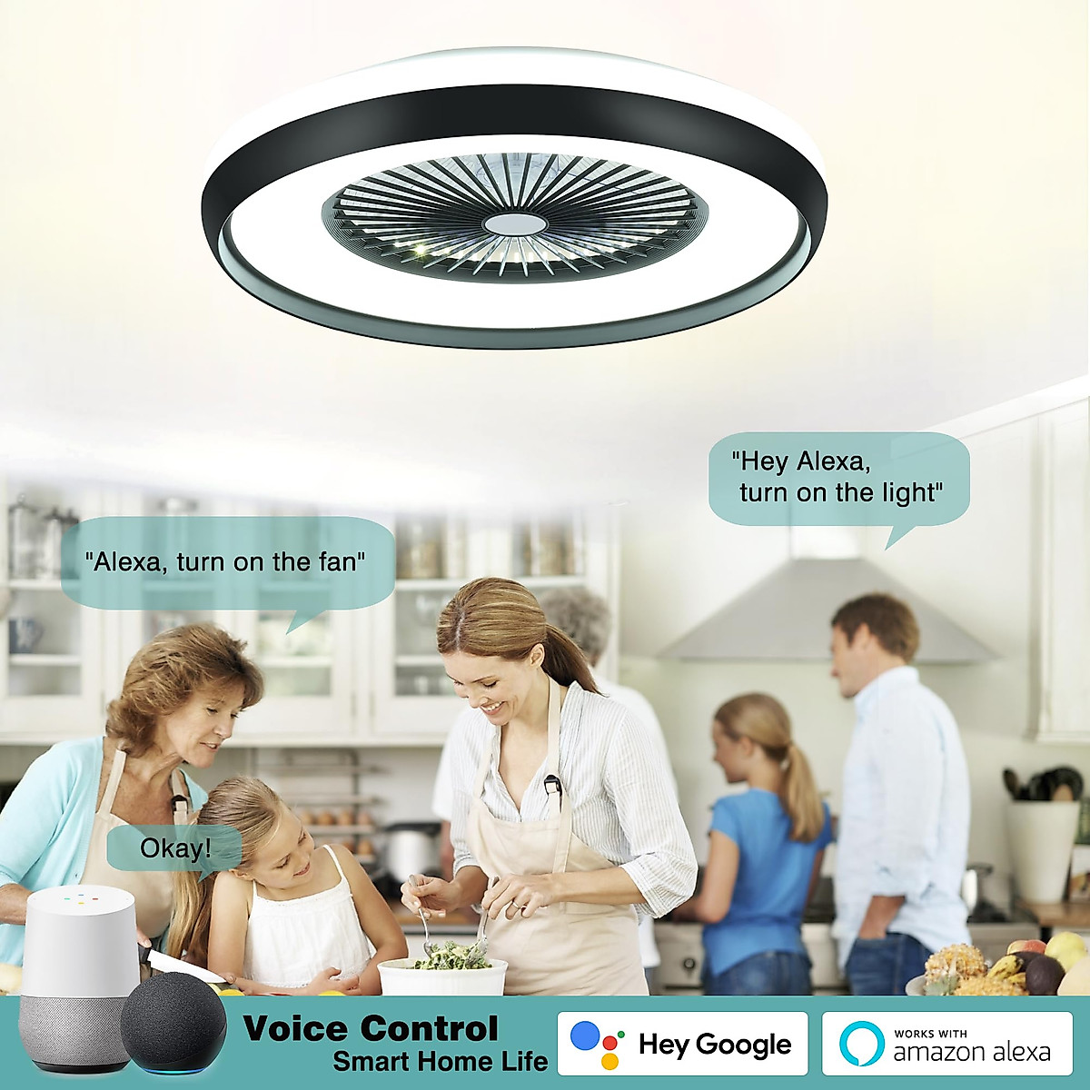 HUMHOLD 24" Low Profile Ceiling Fans with Lights - Smart Bladeless Ceiling Fan with Voice/APP Control Dimmable Color Chaning LED-RGB Back Ambient Light, Flush Mount Ceiling Fans Black