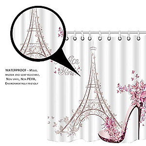 Amagical Paris Eiffel Tower Decor 16 Piece Bathroom Mat Rug Set Shower Curtain Set High Heeled Shoes and Pink Flower in Paris Pattern Bath Mat + Contour Mat + Toilet Cover + Shower Curtain + 12 Hooks