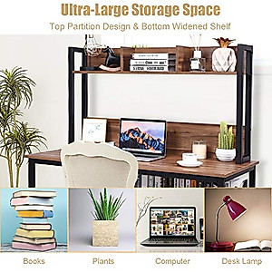 Tangkula Computer Desk with Hutch, Home Office Desk Study Writing Desk with Storage Bookshelves, Space Saving Computer Workstation for Home Office (Light Walnut)