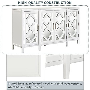 KLMM Stylish Mirrored Console Table Sideboard for Living Room Dining Room with 4 Cabinets and 3 Adjustable Shelves, Easy Assembly (White#O^)