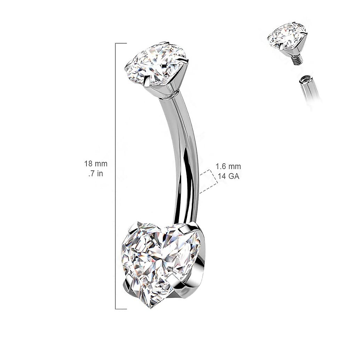 Pierced Owl 14GA G23 Implant Grade Titanium Prong Set CZ Crystal Heart Internally Threaded Belly Button Ring (Silver Tone/Red)