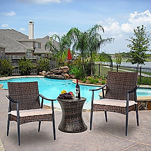 Sundale Outdoor Brown Wicker High Back Chairs with Cushions Set of 2, Patio All Weather PE Rattan Dining Bistro Chairs with Ergonomic Armrest for Indoor Outdoor