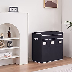 TECHMILLY 3 Section Large Laundry Basket, 140L Laundry Hamper with Lid，Waterproof Durable Clothes Hamper with 4 Removable Bags and 3 labels for Bathroom, Bedroom, Dorm, (Black)