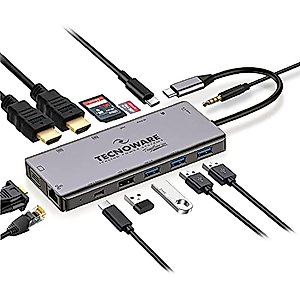 Tecnoware Hub USB Type-C, 13 in 1 Adapter, Compatible with MacBook, Notebook, iPad, Windows, Huawei ecc. 13 Ports: USB 2.0/3.0, USB Type-C, Ethernet, HDMI 4K, Card Slot SDXC, Micro SD, Jack Audio.