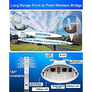 5.8G Wireless Bridge with Pole/Wall Mount Bracket - Extend Starlink Internet Access Outdoor, 2 Miles Point to Point WiFi Bridges with PoE Adapter, 2-Pack