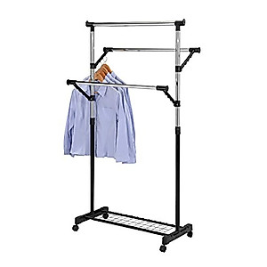 Kings Brand Furniture - 3-Rod Adjustable Garment Rack - Rolling Clothes Organizer , Black/Chrome