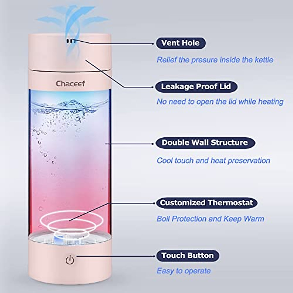 CHACEEF Travel Electric Kettle, 350ml Small Portable Kettle with Non-stick Coating, BPA Free, 3 Colors LED Water Boiler with Keep Warm Function, Fast Boil and Auto Shut Off Hot Water Kettle, Pink