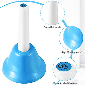 Zhanmai 16 Pieces Music Bells Include 8 Notes Hand Bells and 8 Desk Bells Colorful Diatonic Metal Bells for School Wedding Church Chorus Holiday Party Supplies, 2 Styles