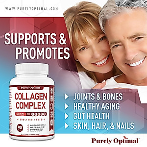 Purely Optimal Premium Multi Collagen Peptides Capsules (Types I, II, III, V, X) - Hair, Skin and Nails, Digestive & Joint Health Supplement, Hydrolyzed Collagen Pills (90 Capsules)