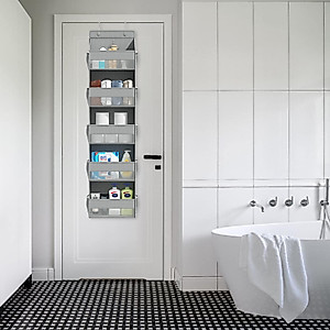 Fixwal Over Door Storage Organizer, 5-Shelf Wall Mount Upgrade Hanging Storage with 5 Large Pockets 10 Mesh Side Pockets for Pantry Bedroom Dorm Pantry Nursery Bathroom Diapers Clothes (Grey)