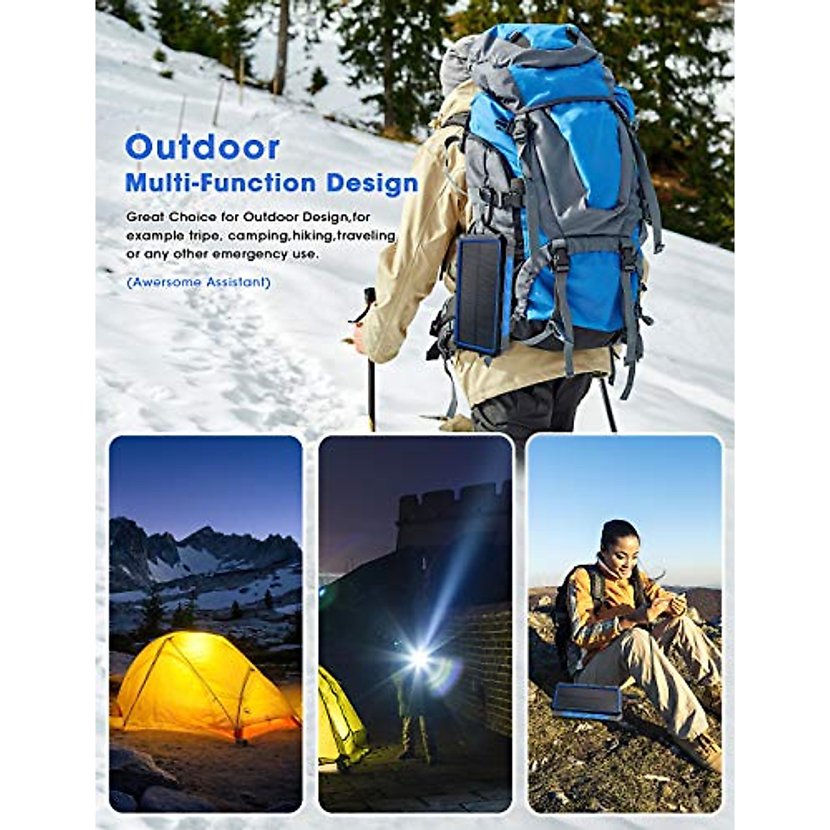 Solar Power Bank 36000mAh, Qi Wireless Charger, DJROLL Portable Solar Charger with Dual USB & Type-C Port 5V/3A Output, IP66 Waterproof Powerbank, Flashlights Cell Phone Charger for Camping Outdoor
