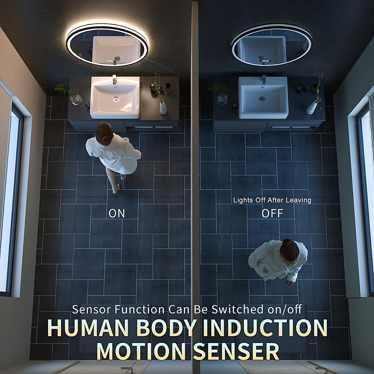 GANPE LED Sensor Mirror, 28 inch Round Human Body Induction, Black Framed Vanity Mirror, Illuminated Dimmable Anti Fog IP44 Waterproof Bathroom Wall Mounted Blacklit Mirror with Lights