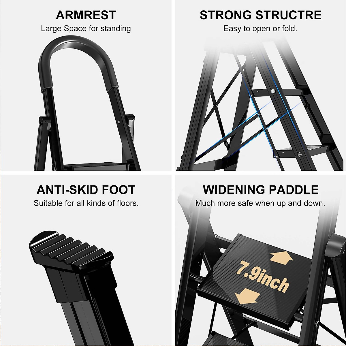 GameGem Lightweight Aluminum 5 Step Ladder Folding Step Stool with Convenient Handgrip Stepladders for 10 Foot High Ceiling with Anti-Slip and Wide Pedal for Home Use Space Saving - Brown Gold