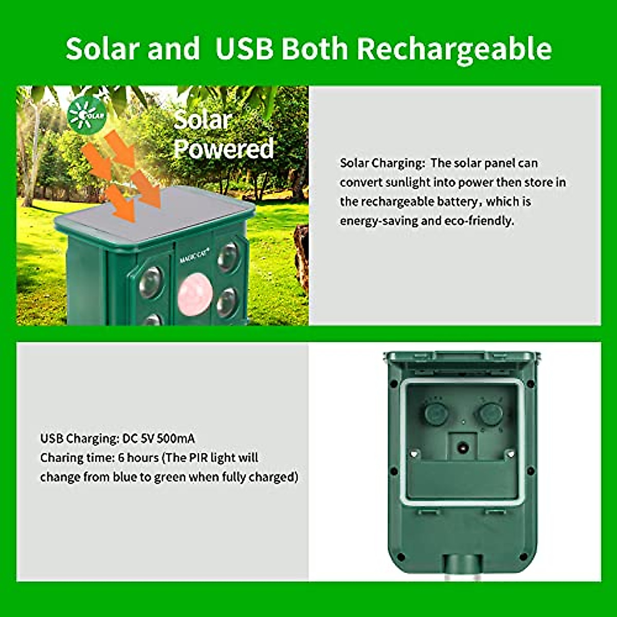 MAGIC CAT Solar Animal Repellent, Ultrasonic Outdoor Animal Repeller with Motion Sensor & Flashing Light, Waterproof Garden Yard Farm Repellent for Cat, Dog, Raccoon, Skunk, Squirrel, Deer, Rabbit