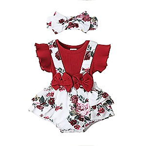 Newborn Baby Girl Clothes Summer Infant Romper Outfit Short Sleeve Suspender Dress Clothing with Headband Wine Red 3-6 Months