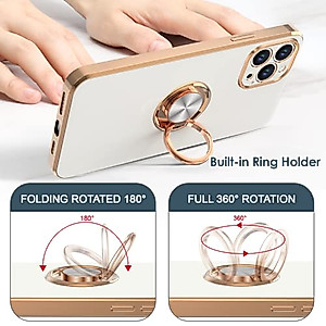 Hython Case for iPhone 14 Pro Max Case with Ring Stand [360° Rotatable Ring Holder Magnetic Kickstand] [Support Car Mount] Plated Rose Gold Edge Soft TPU Luxury Protective Phone Case Cover, White