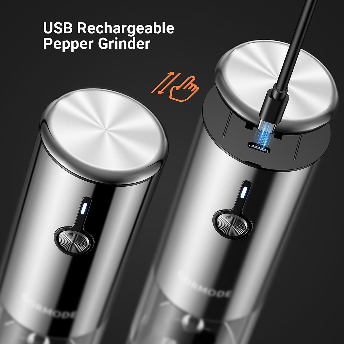 Large Capacity Rechargeable Electric Salt and Pepper Grinder Set -USB Charging Port with Sliding Dust Cover; Automatic Salt and Pepper Mill Grinder With LED Light-6 Adjustable Grinding Modes