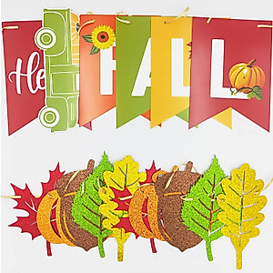 CAVLA Hello Fall Banner and Glittery Maple Leaves Pumpkin Acorns Patterns Banner Autumn Harvest Bunting Banner with Pumpkin Truck Signs Fall Thanksgiving Party Banner for Wall Mantel Fireplace Party