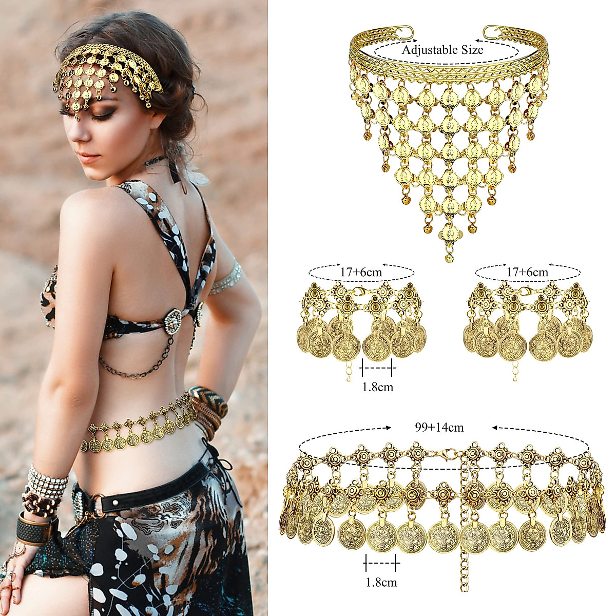JOERICA Belly Dance Jewelry for Women Gold Coin Headband Gold Chain Belt Coin Chain Gold Coin Anklet Gypsy Jewelry Halloween Party Costume