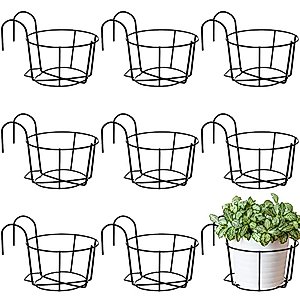 Wesiti 10 Pcs Round Hanging Flower Stand Balcony Planters Railing Hanging Metal Rack Fence Railing Planters Outdoor Balcony Hanging Flower Stand Shelf Container
