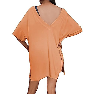 Aisongyuan Womens Workout Reversible Oversized V-Neck T-Shirt Summer Short Sleeve Casual Tunic Tops(Orange,XXL)