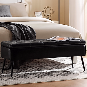 kinmars Leather Storage Ottoman Bench,End of Bed Bench for Living Room Bedroom Dinning Room Entryway,Mid-Century Modern, with Steel Legs,Safety Hinges, Loads 660 lb (with Button, Black)