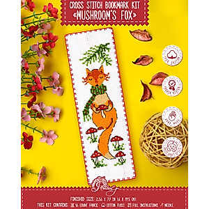 Povitrulya Mushroom Fox - Counted Cross Stitch Bookmark Kit - Handmade Gift