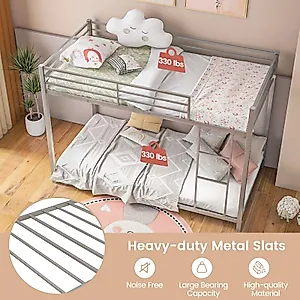 Giantex Metal Bunk Bed Twin over Twin, Low Profile Bunk Bed Frame with Ladder & Full Length Guardrail, Space-saving Twin Size Bed Frame for Kids Teens, No Box Spring Needed (Silver)