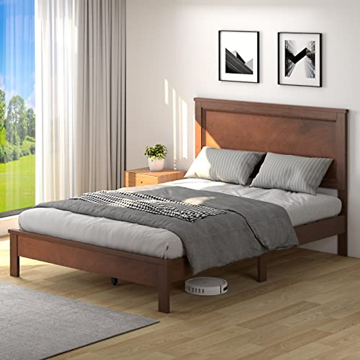 KOMFOTT Wood Full Bed Frame with Headboard, Mid Century Platform Bed with Solid Wood Slats Support & Rubber Wood Legs, Slatted Bed Mattress Foundation, No Box Spring Needed, Easy Assembly