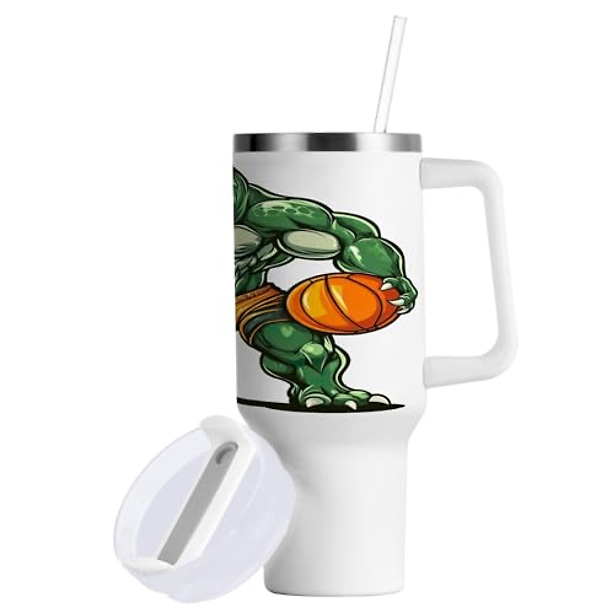 Jihqo Dinosaur Playing Basketball 40 oz Stainless Steel Vacuum Insulated Tumbler with Handle and Straw Lid Reusable Leakproof Water Bottle Double Wall Travel Mug Coffee Cup, Cupholder Friendly