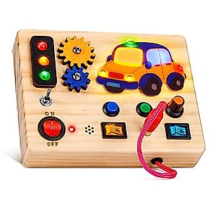 Auney Montessori Busy Board with Traffic Led Lights,Wooden Sensory Toys for Toddlers 1-3,Baby Travel Toys with 7 Different Led Lights Sound Button,Educational Toys for 1+ Year Old Boy Car Style Gift