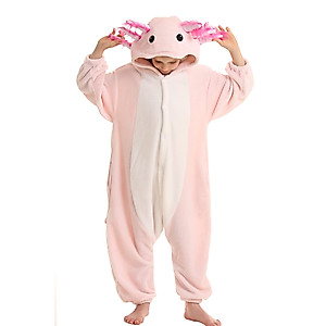 DELEY Unisex Pink Axolotl Onesie Kid Pajamas, Flannel Animal One Piece Costume Sleepwear Halloween Cosplay Homewear