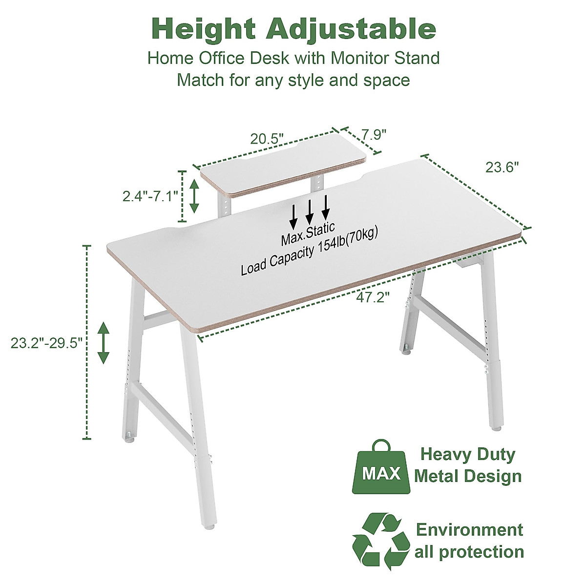 UPGRAVITY Height Adjustable Computer Desk - 47" Gaming Desk, Small Home Office Desk with Monitor Stand, Modern Simple Table Study Writing Work, Living Room Home Bedroom PC Table, Metal Frame, White