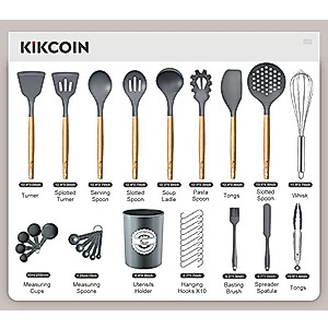 33 PCS Kitchen Utensils Set, Kikcoin Wood Handle Silicone Cooking Utensils Set with Holder, Spatulas Silicone Heat Resistant Cooking Gadgets for Nonstick Cookware, Grey
