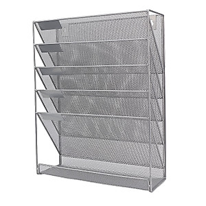Wall File Organizer 5 Tier Silver Heavy Duty Metal Mesh Hanging Mail Magazine Rack 40 x 32 x 11 cm Vertical Paper Holder for Newspaper Folders