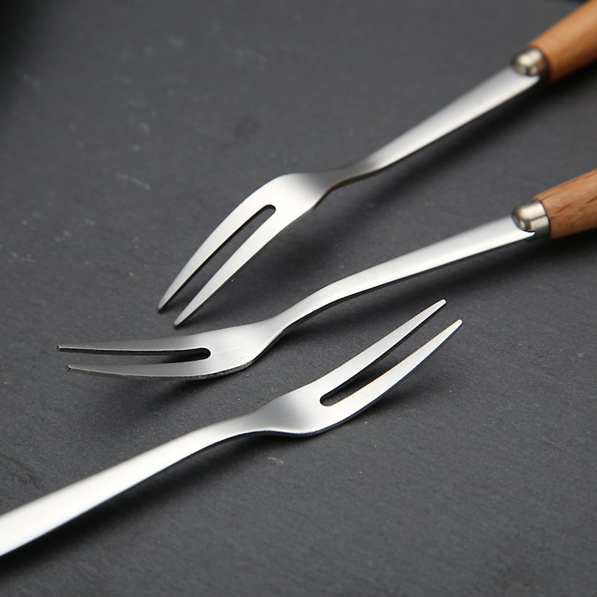 DEEKOUDT 6 Pcs Wooden Handle Stainless Steel Two Prong Forks Fruit Cake Appetizer Forks