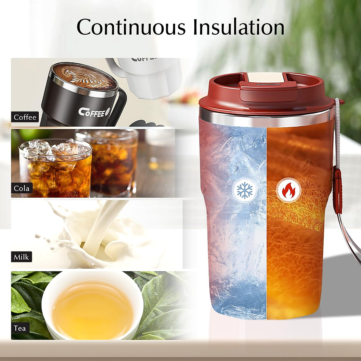 Colawind 13oz Travel Mug, Reusable Coffee Cups with Flip Top Lids, Stainless Steel Coffee Tumbler with Rope, 400ml Drink Cup for Iced Tea, Coffee, Water
