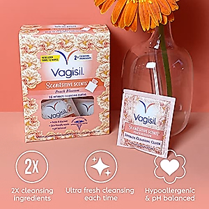 Vagisil Scentsitive Scents On-The-Go Feminine Cleansing Wipes, pH Balanced, Peach Blossom, Individually Wrapped, 16 Count (Pack of 1)