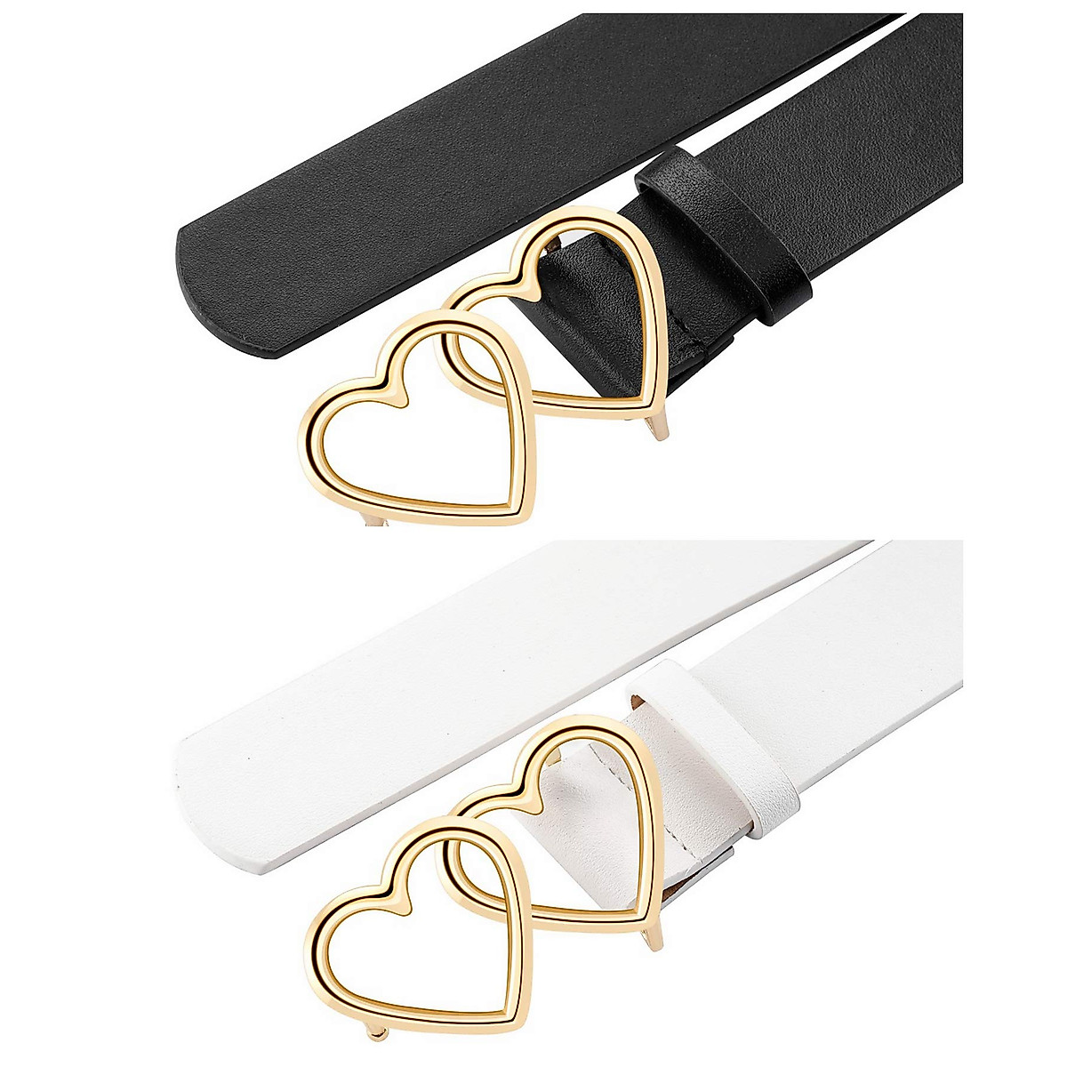 Ayliss Women Leather Waist Belt Fashion Casual Jeans Belt with Double Heart Shape Buckle Dress Pants (Black and White)