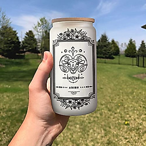 Hyturtle Personalized Glass Cup Aries Zodiac Sign Glass Cup With Bamboo Lid & Straw 12oz16oz Astrology Glass Cup Gift For Mothers Day Friend Mom Sister Coworker Female Women Her Wife Birthday Women